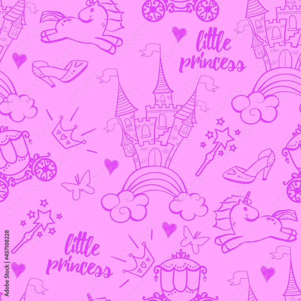 Princess Seamless Pattern for textile with castle, crown, butterfly ...