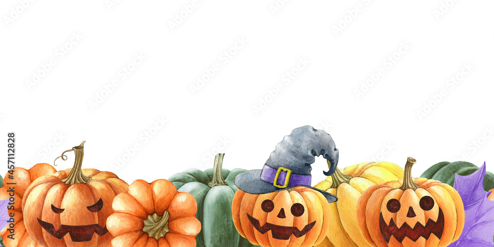 Halloween seamless border. Watercolor illustration. Hand drawn spooky ...