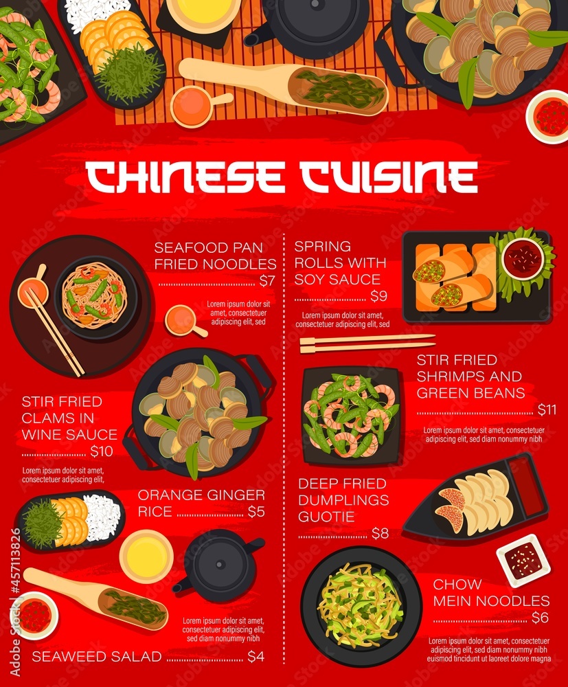 Chinese cuisine restaurant food menu page. Chow Mein and seafood pan ...