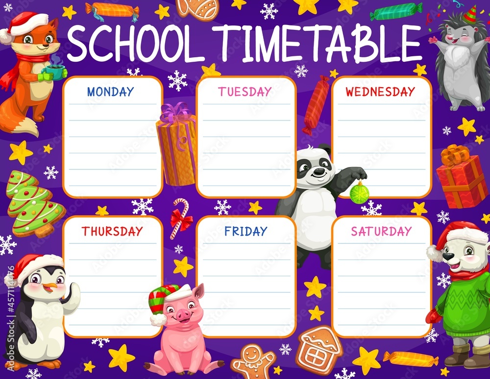 School timetable or schedule with Christmas gifts vector background ...