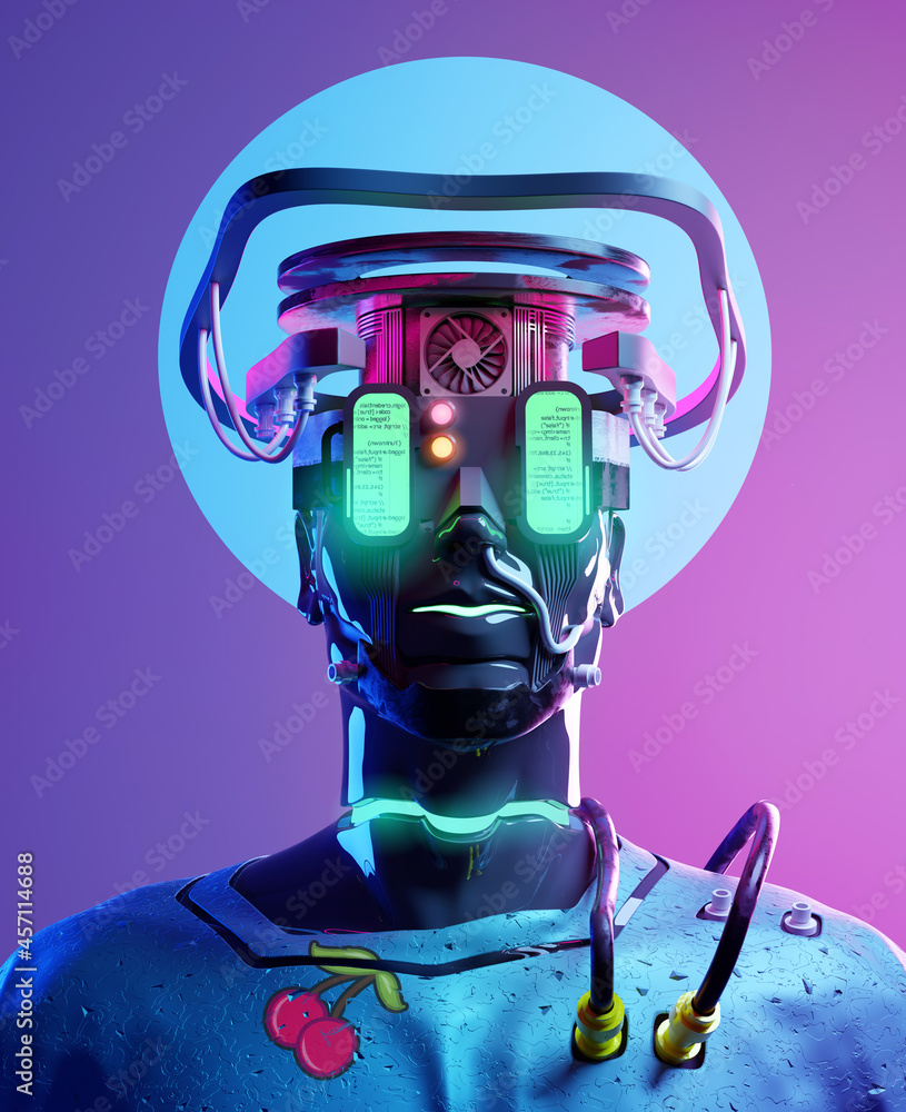 Cyber portrait of a human fused with futuristic technology. Creative 3D ...