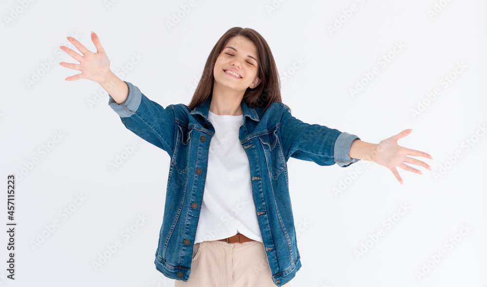 Come let me hug you. Portrait friendly-looking attractive female friend ...