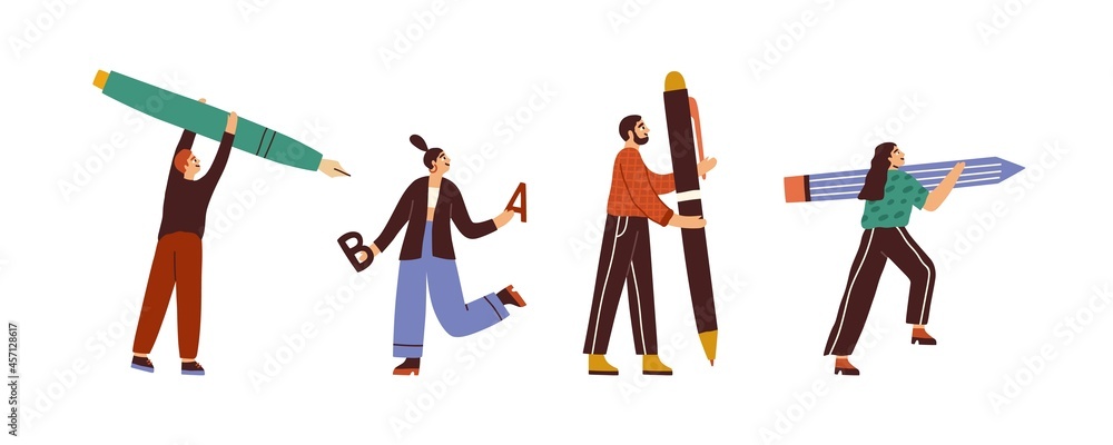 People writing, hold pencils and pens in hands. Set of writers ...