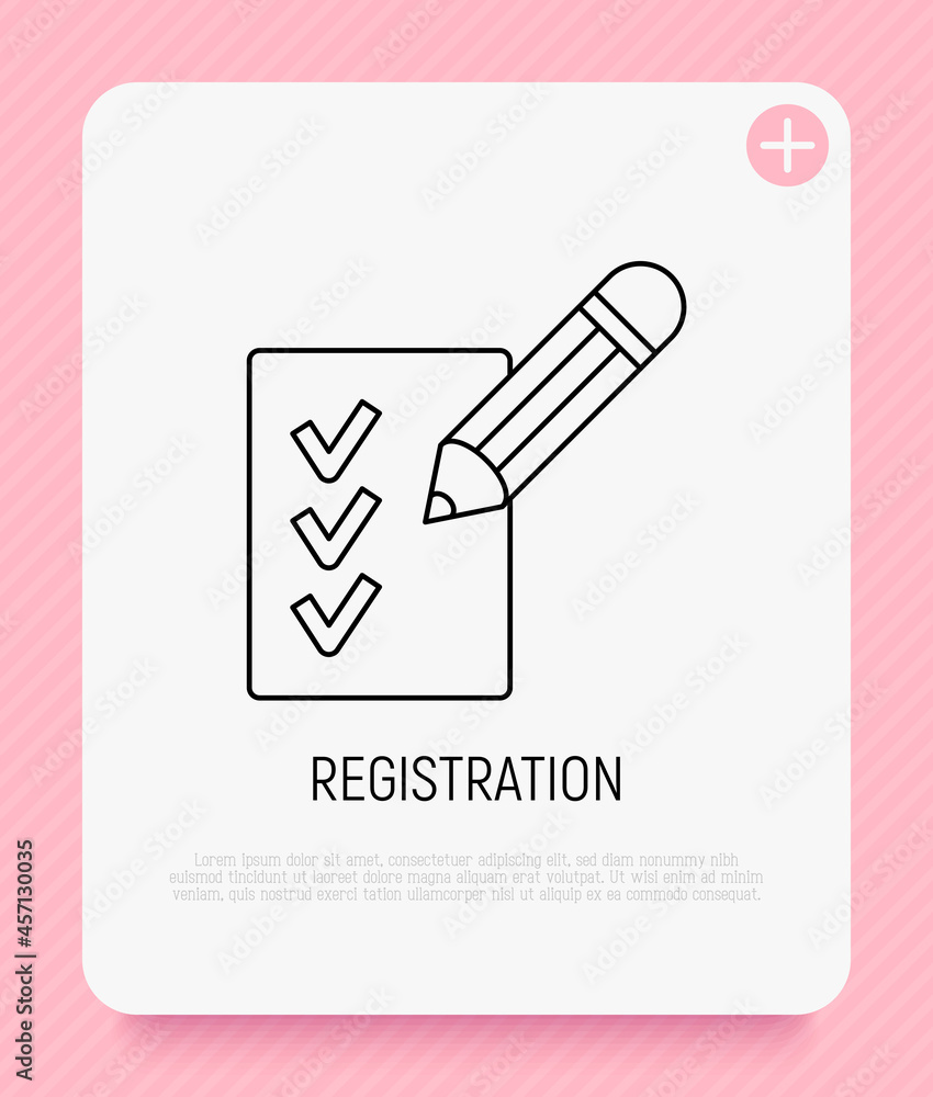 Registration thin line icon, pencil puts marks on paper. Check list ...