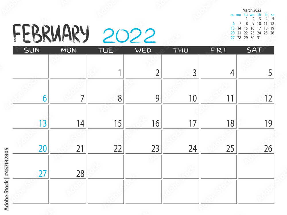 Calendar 2022 year. February 2022 planner. Desctop calendar design ...