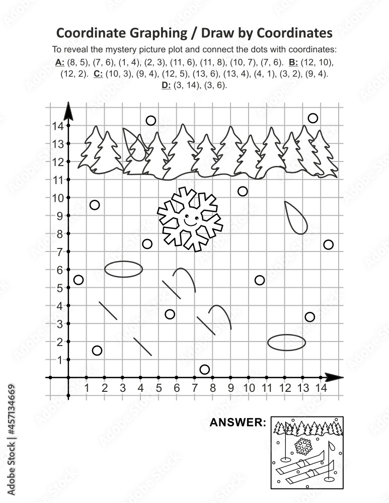 Coordinate graphing, or draw by coordinates, math worksheet with ski ...