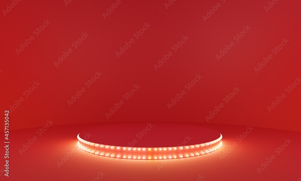 red podium with showcase in the studio room.3d rendering. Stock ...