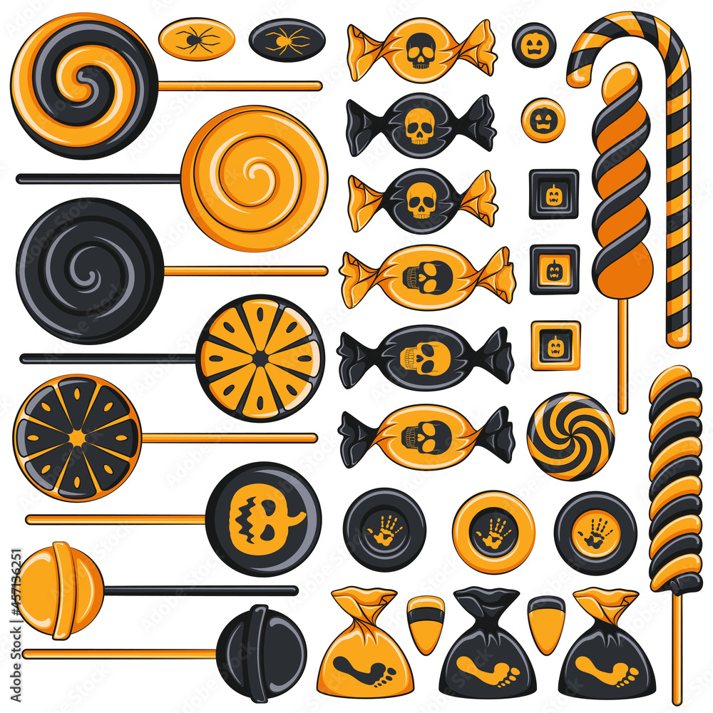 Set of sweets, candies and lollipops for Halloween. Isolated vector ...