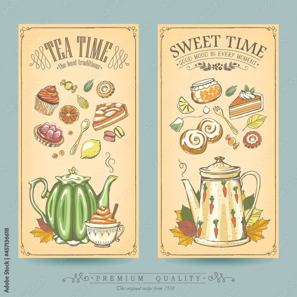 Card collection of hand-drawn cakes. Vintage posters of bakery sweet ...