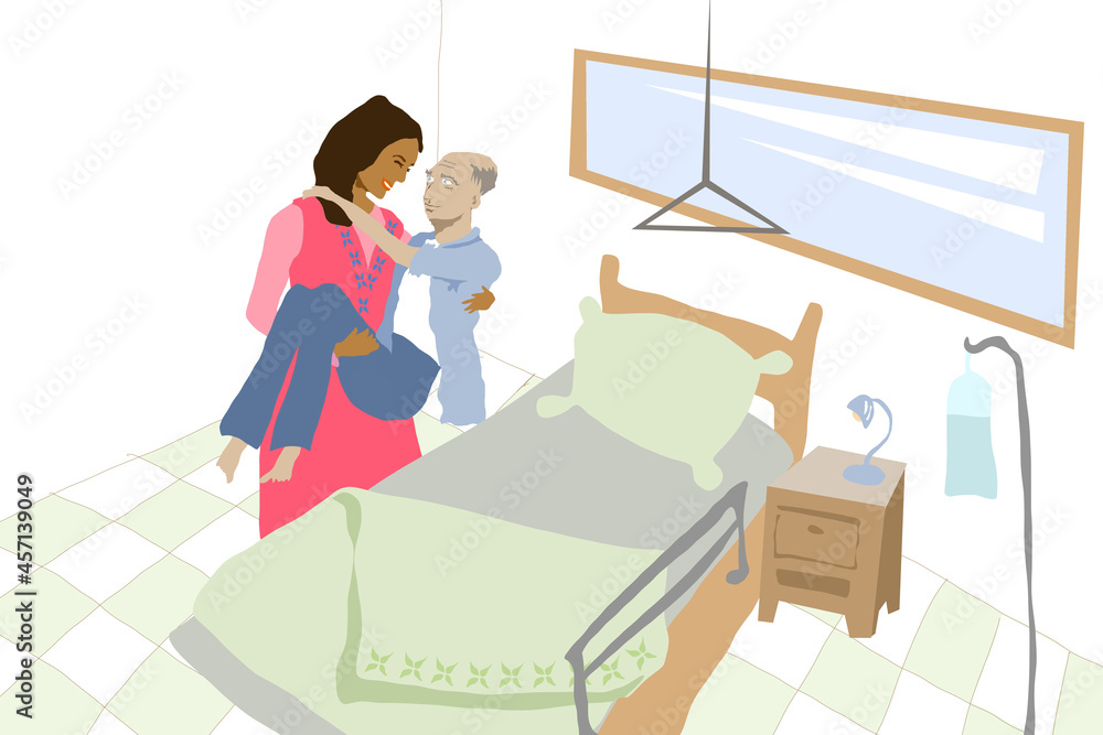 Ilustrace „Krankenpflegerin bringt alten Mann zu Bett in einem ...