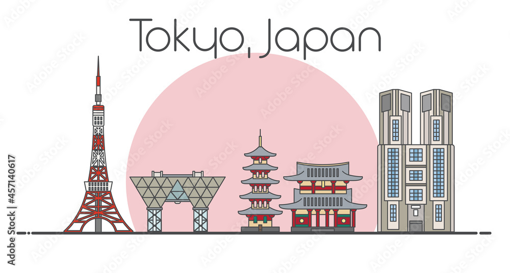 Flat vector line illustration of Tokyo, Japan cityscape. Famous ...