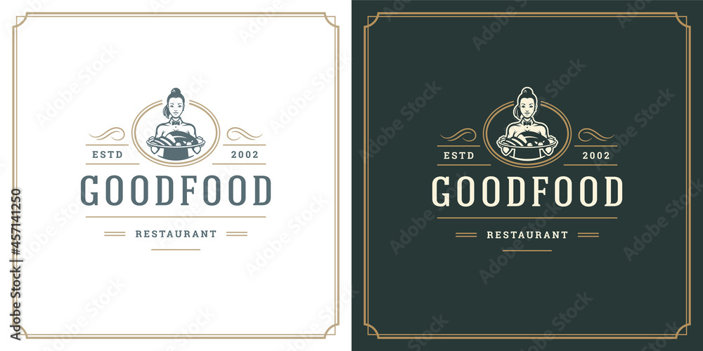 Restaurant logo design vector illustration waitress holding dish plate ...