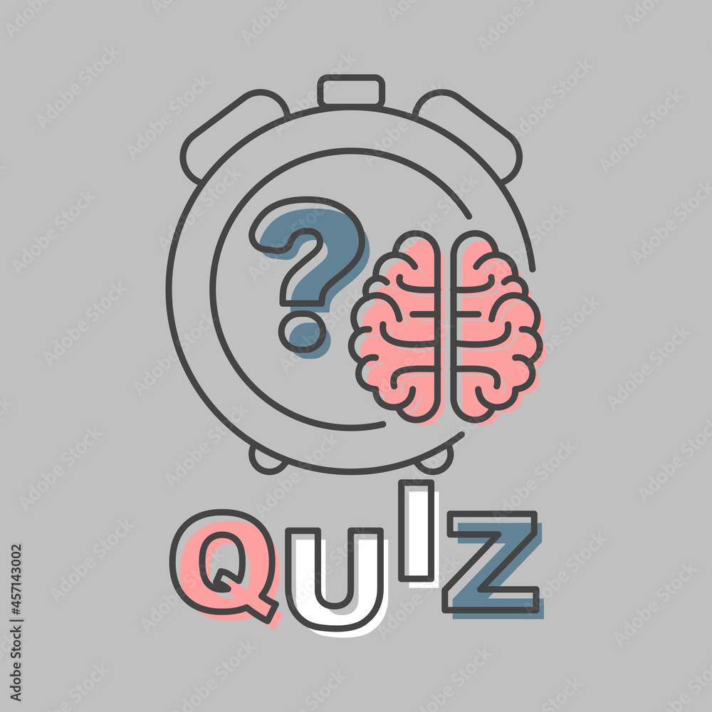 Alarm clock, human brain, question mark with text QUIZ. Concept of quiz ...