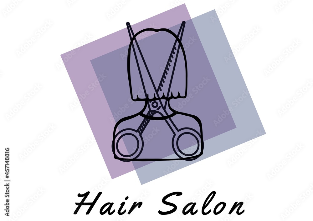 Hair salon text with scissor over a woman icons on a purple banner ...