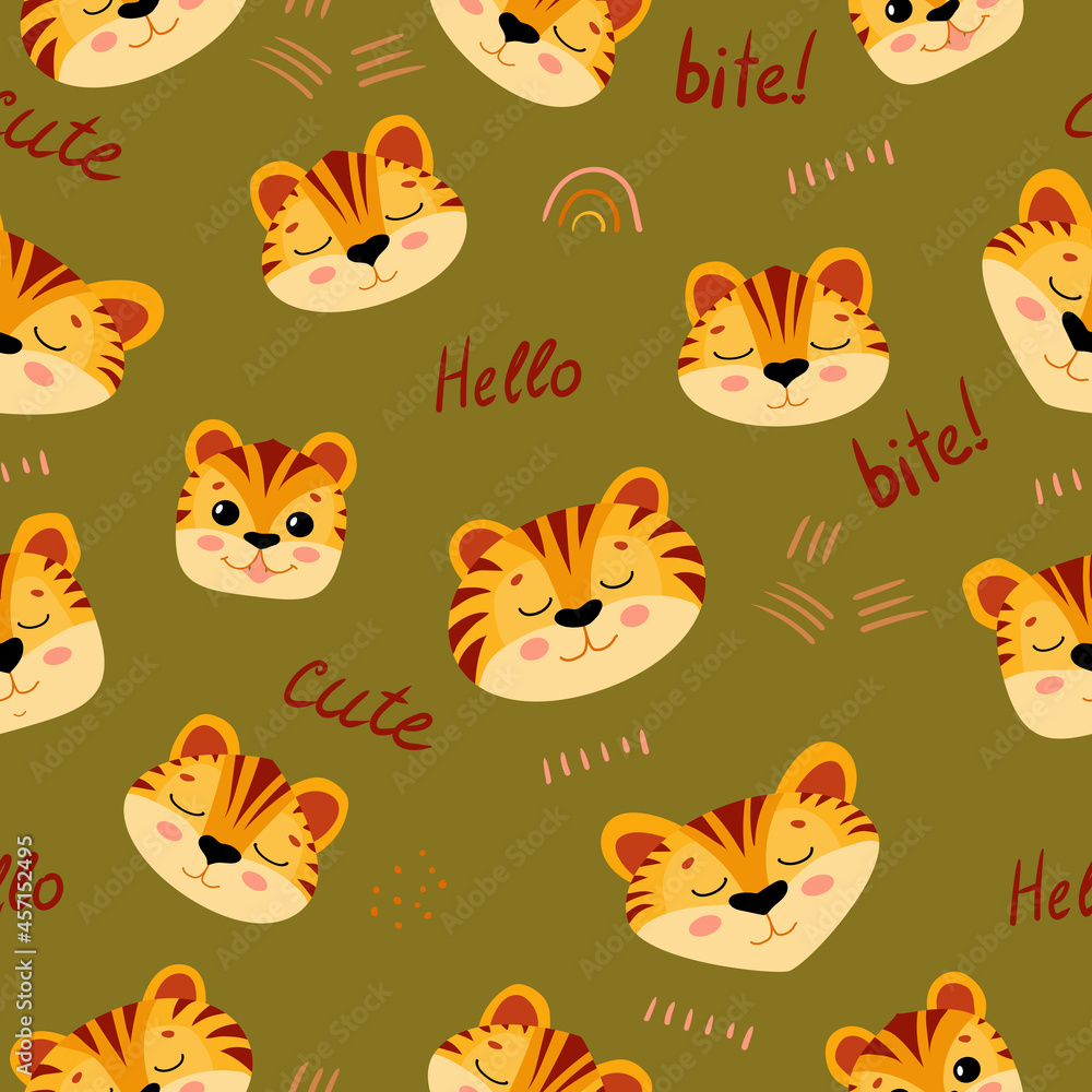 Seamless pattern with cute tiger cubs. Big tabby cat. Endangered ...