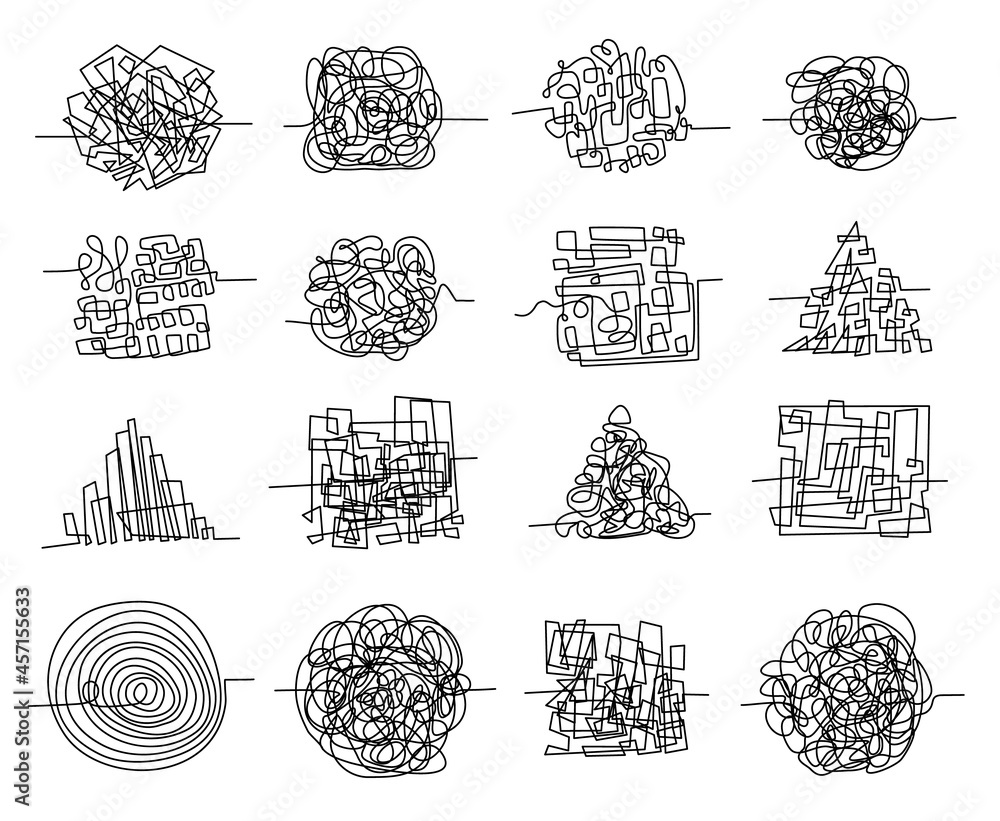 Chaos line scribbles and random tangled maze shapes. Pen doodle concept ...