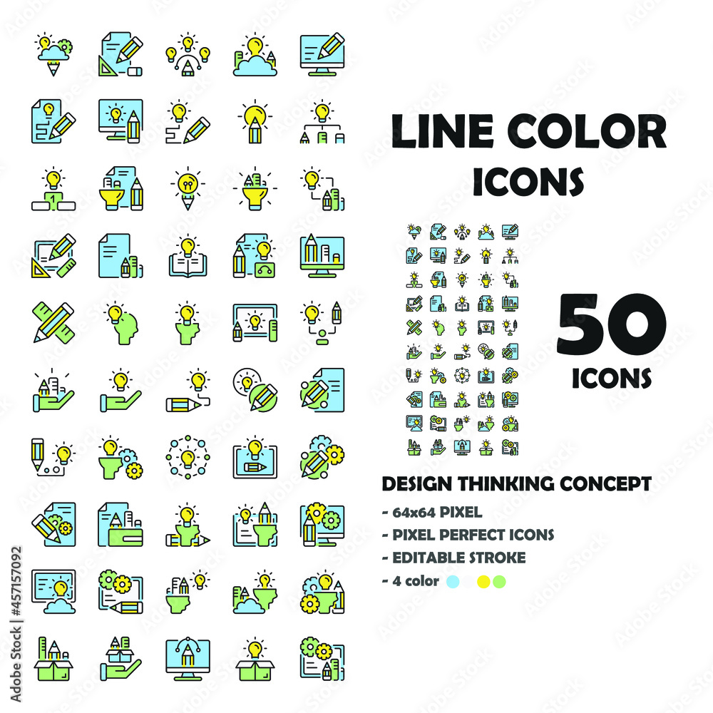 50 Icons set of Design Thinking Line icons. Such as bulb, pen, paper ...