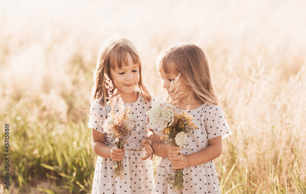 Two little happy identical twin girls playing together in nature in ...