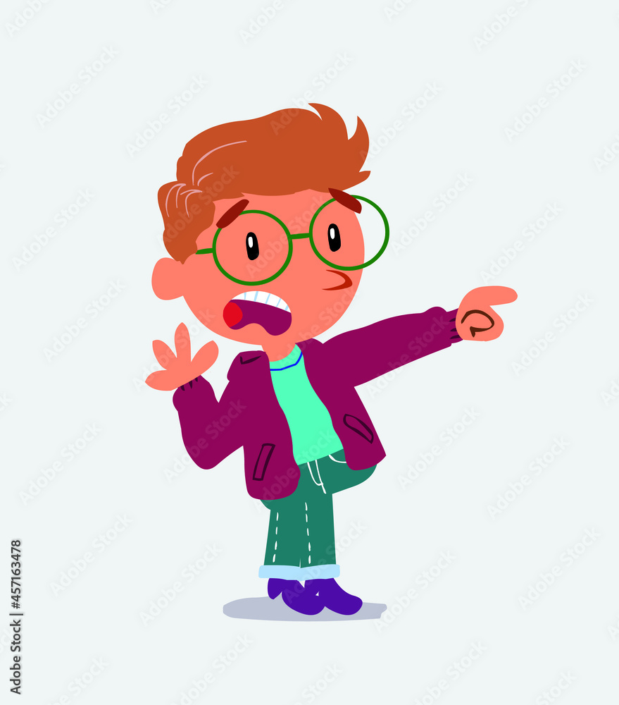 Surprised cartoon character of little boy on jeans pointing at ...