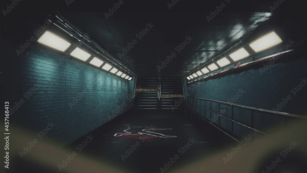 Dead Body Outline In Crime Scene In Subway Corridor, Police Line ...
