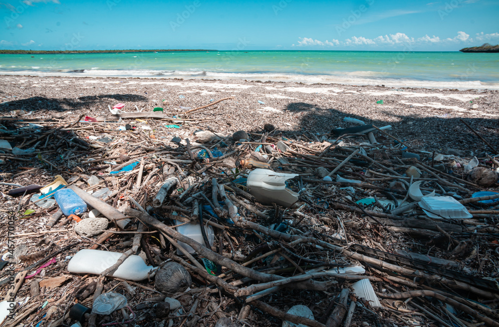 Spilled garbage on the beach of tropical island. Trash on the beach ...