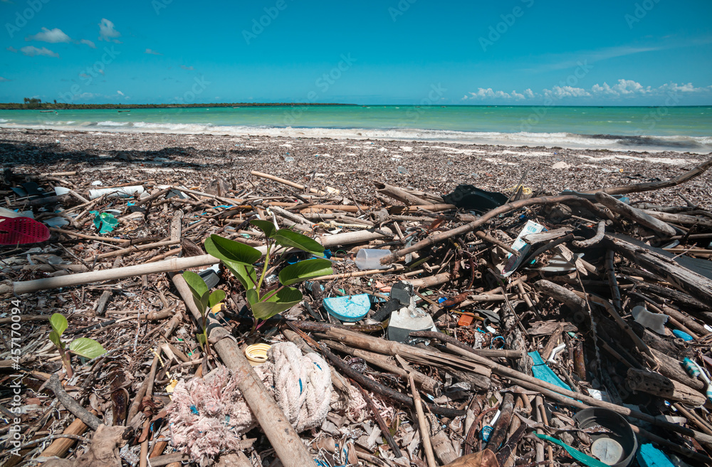 Spilled garbage on the beach of tropical island. Trash on the beach ...