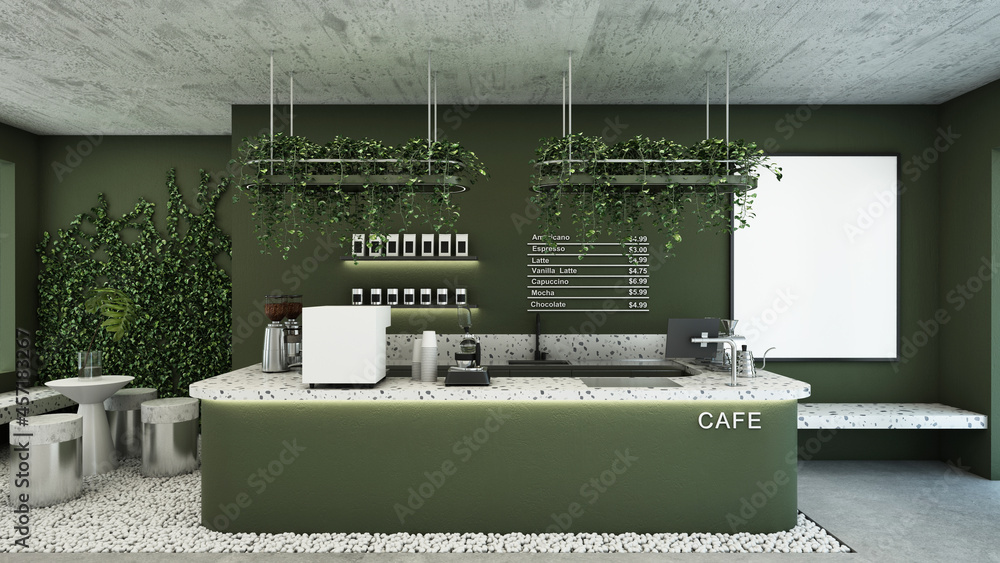 Cafe shop design Modern and Minimal,Green counter,Metal light pendant ...