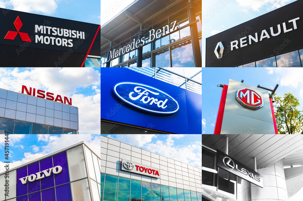 Most popular car dealership building backgrounds, brand logo collage ...