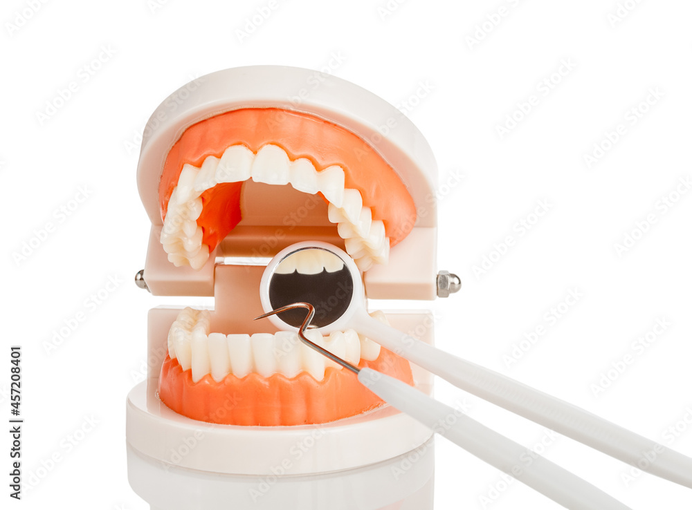 Dental instruments probe and mirror examine, diagnose diseases of teeth ...