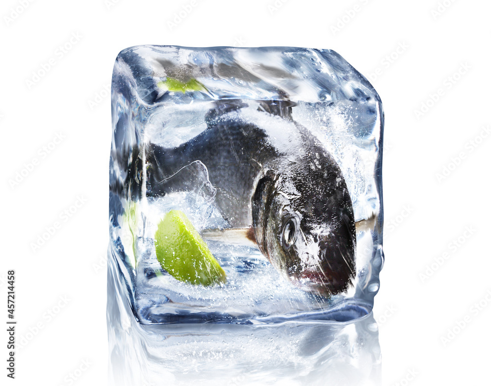 Whole fish frozen in ice cube with lime isolated on white background ...