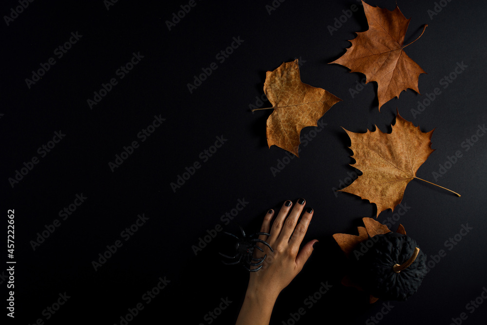 Foto de Orange pumping on black background with leaves and black ...