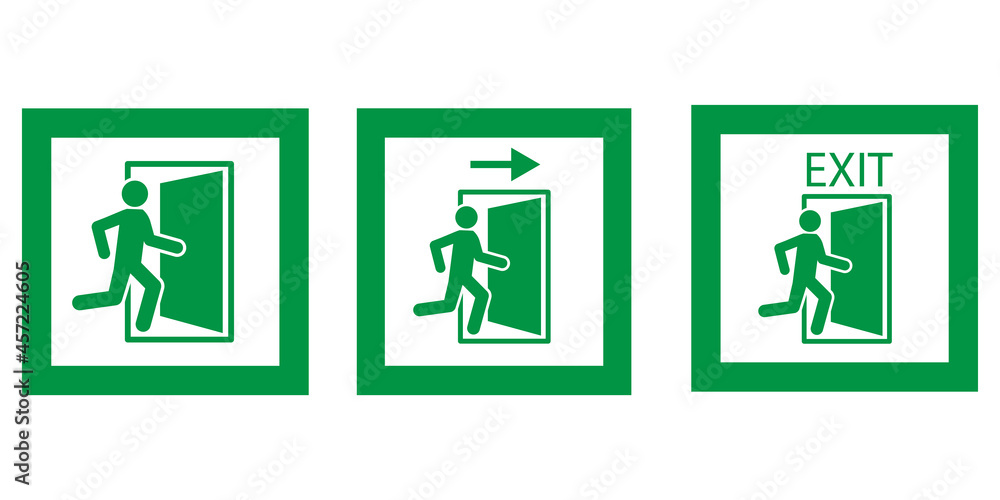 Emergency exit icon in frame. Green running man and exit door sign on ...