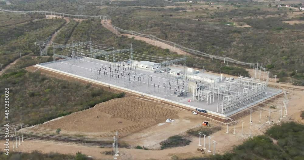 Electrical substation drone shot. hydroelectric power station with grid ...