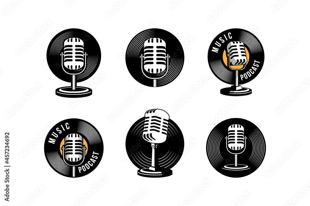 Retro mic microphone vector illustration isolated on vinyl record shape ...