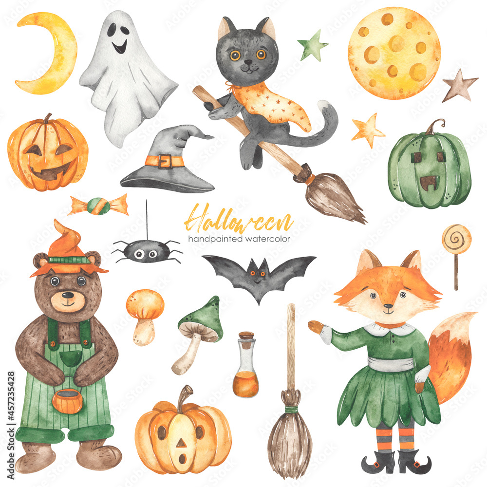 Watercolor set of Halloween animals with bear with candy jar, cat on ...