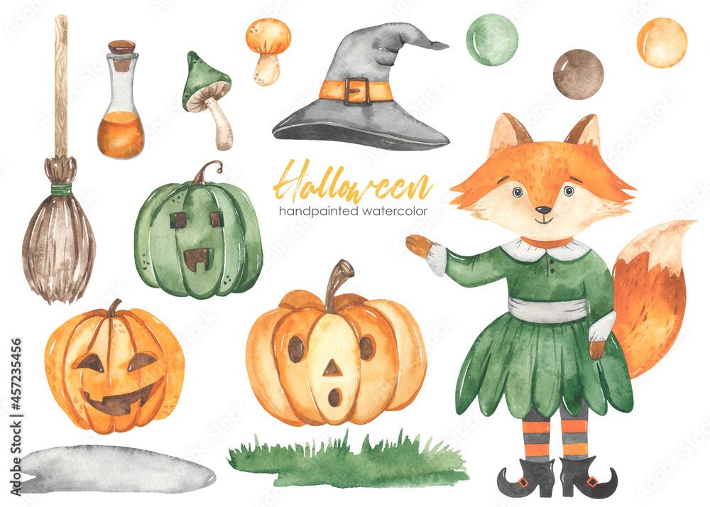 Watercolor set of Halloween animals with witch fox, pumpkins, broom ...