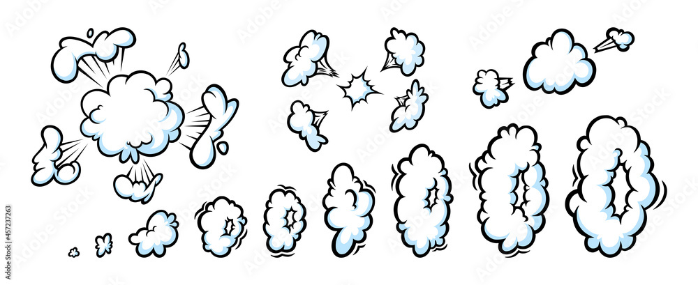 Comic boom smoke effect. Row of steam clouds and puff shapes for ...