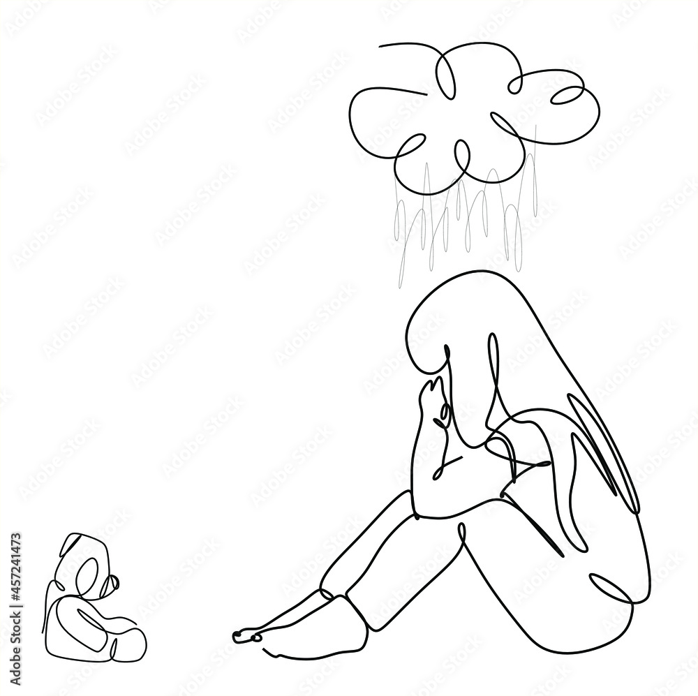 A linear drawing of a woman in a depressed state. Chaos of thoughts ...