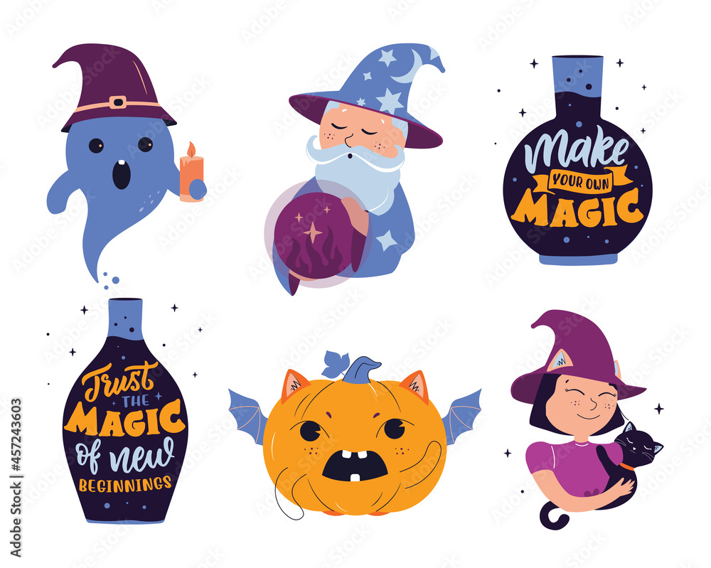 The set of magic stickers with text. The cartoon ghost, wizard, witch ...
