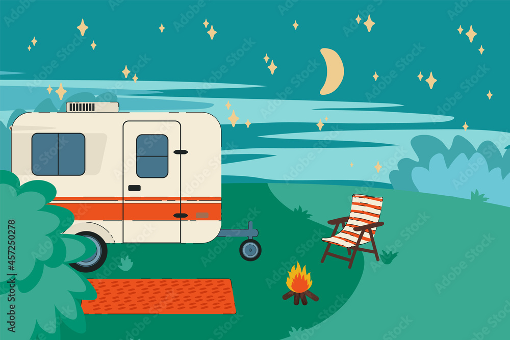 Cartoon illustration of a Camper RV in the forest. Trailer for a ...