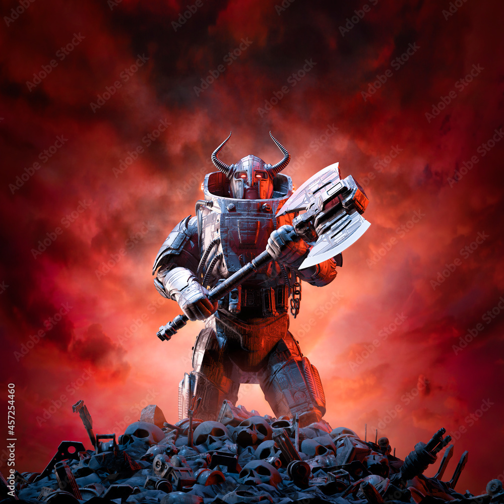 Futuristic viking with axe - 3D illustration of science fiction robot ...