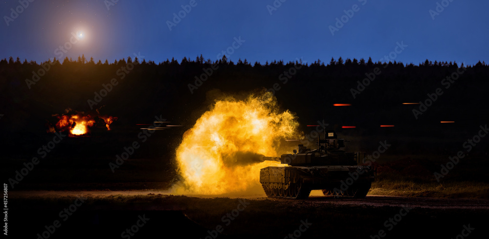 Shot from a tank gun, the frame of military operations. Russian Modern ...