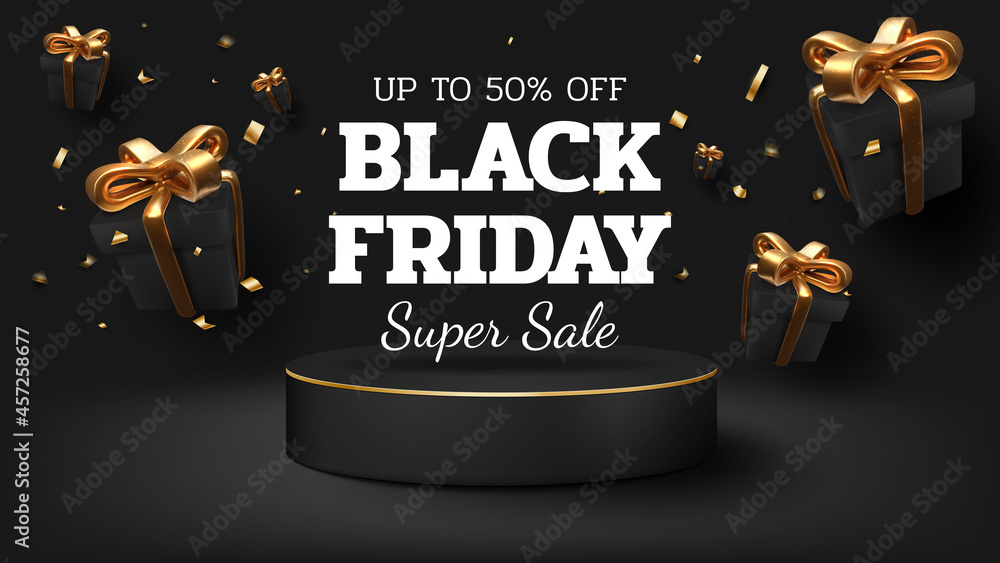 Black friday background with gift box and ribbon golden luxury ...