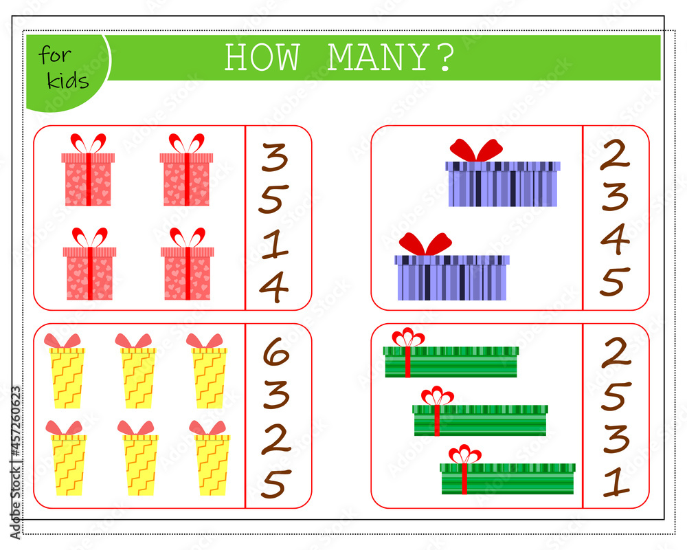 A math game for children, count how many of them there are. Gift boxes ...