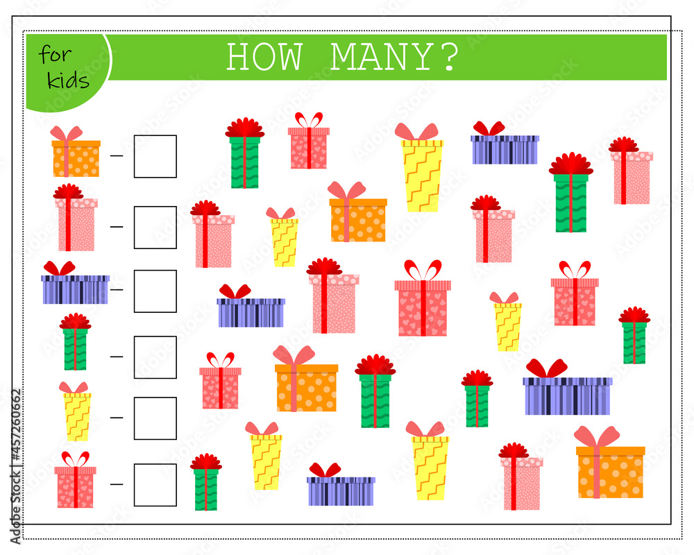 A math game for children, count how many of them there are. Gift boxes ...