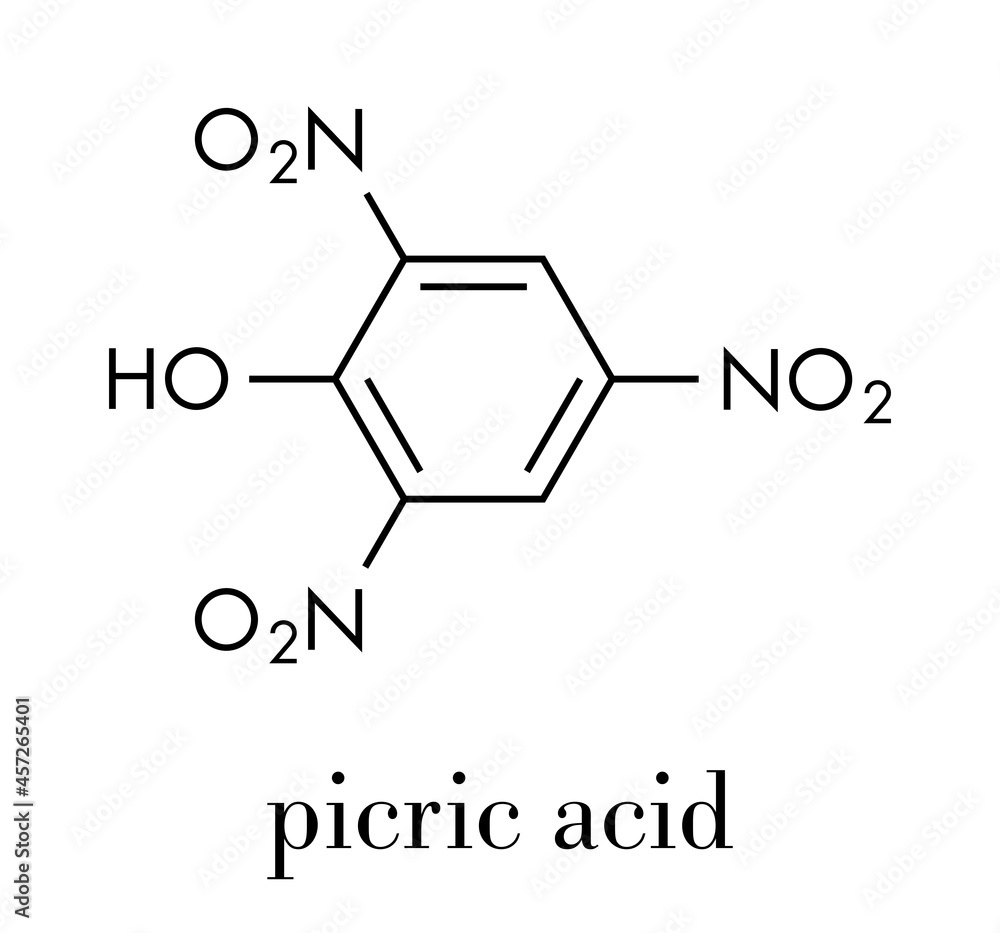 Picric acid (2,4,6-trinitrophenol) explosive molecule. Skeletal formula ...