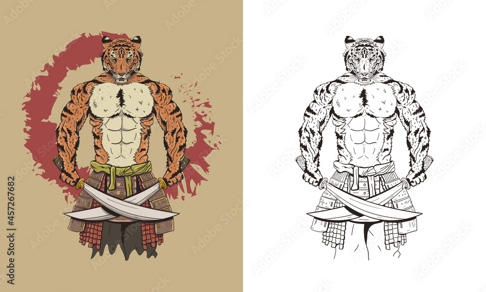 Illustration vector graphic of Strong Samurai Tigerman with two blades ...