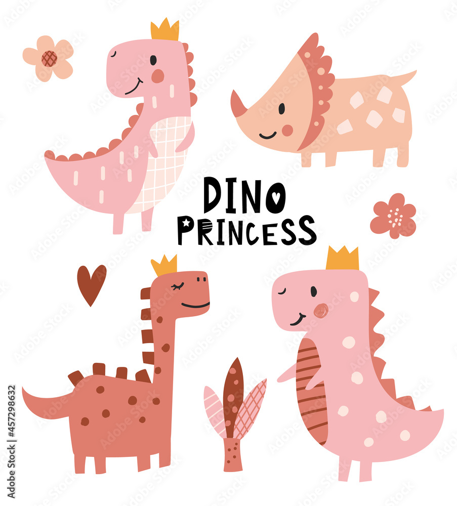 Princess dinosaur poster. Cute pink dino girls. Childish print for ...