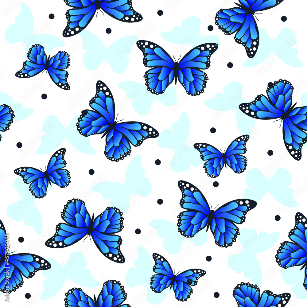 seamless pattern blue butterfly with black circle ornament, pattern art ...
