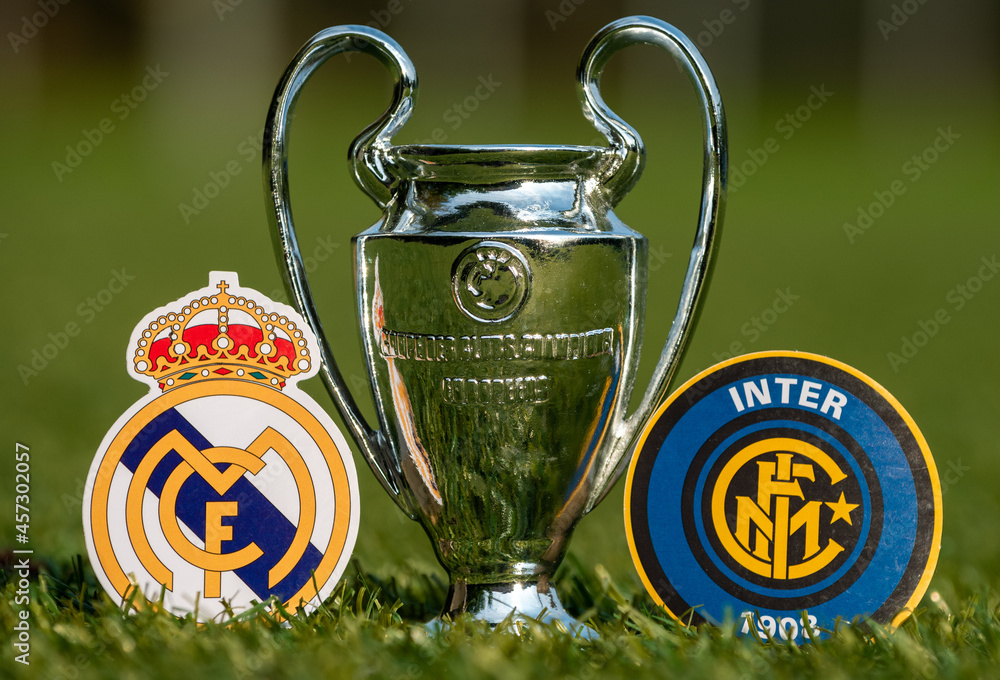 August 27, 2021 Madrid, Spain. The emblems of football clubs Inter ...